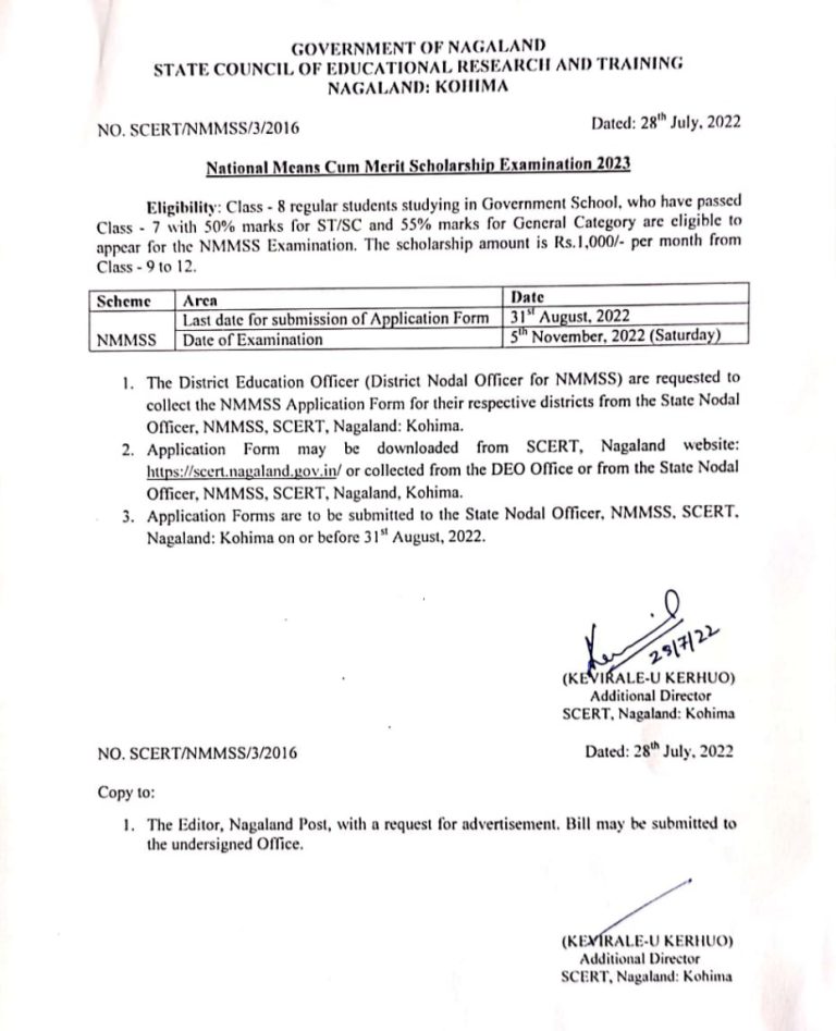 NATIONAL MEANS CUM MERIT SCHOLARSHIP EXAMINATION – 2023 (Project Year 2023-24) (for the ...